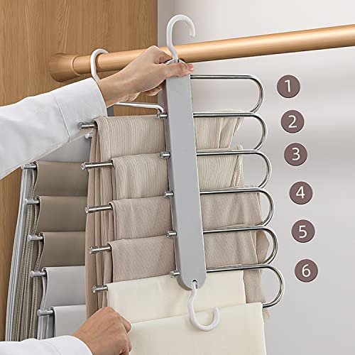 Pants Hangers Space Saving | Lerkumey Non-Slip Clothes Hangers | Multifunctional Clothes Pants Hangers Closet Storage Organizer | 6 Layered Pants Rack Organizer for Scarf Jeans Trousers(Grey)