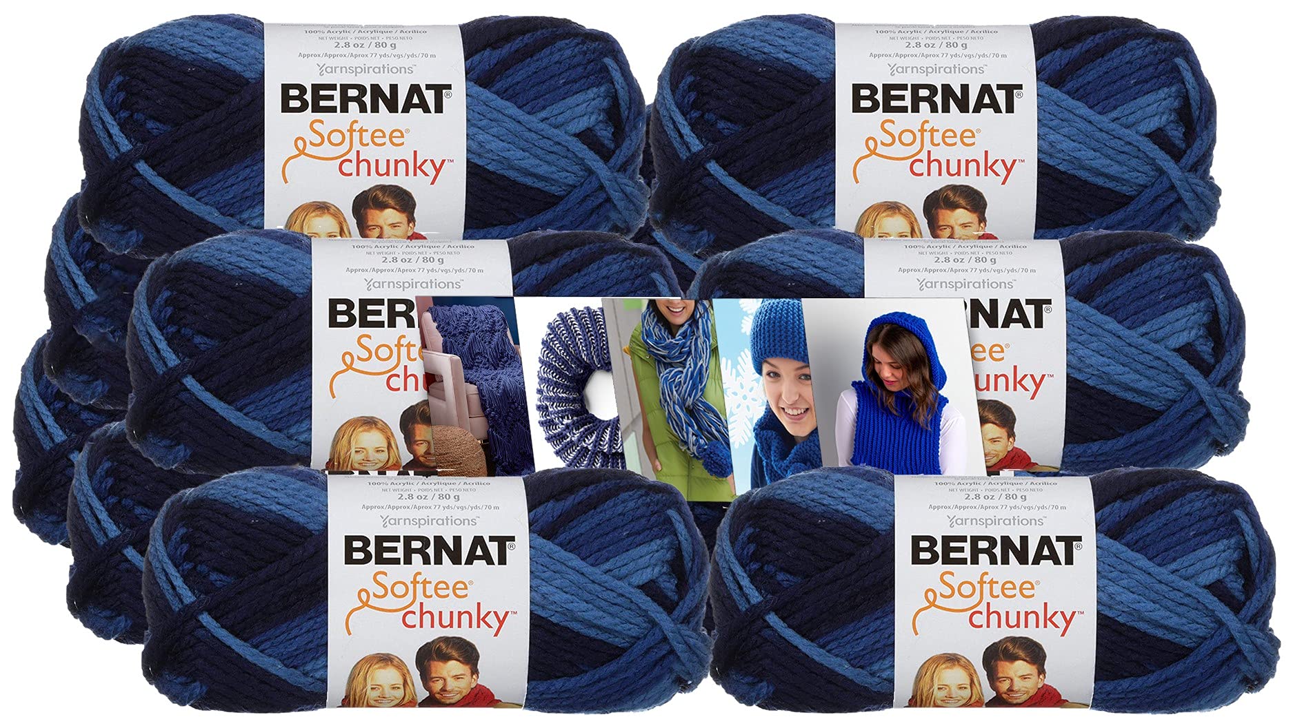 Bernat Yarn Bernat Softee Chunky Yarn - 2.8 oz - 12 Pack with Pattern Cards in Color (Denim Ombre)