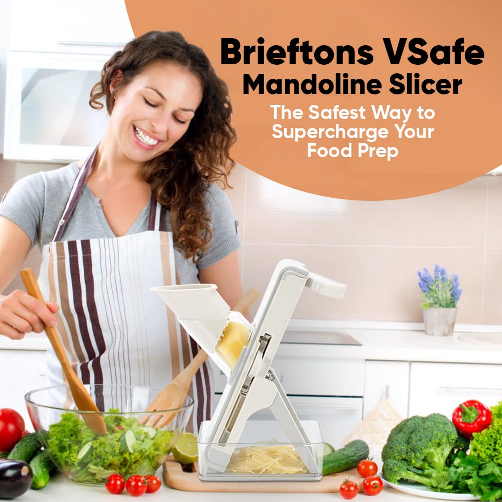 Brieftons Safe Mandoline Slicer for Kitchen, Injury-Free Design, 3 Cutting Modes & 2 Thickness Levels to Slice, Dice, Chop, Julienne Vegetables, with Container/Lid, Cleaning Brush & 5 Recipe Ebooks