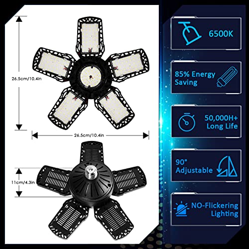 FBIRUNYI 2 Pack LED Garage Lights, 150W 15000LM 6500K Deformable LED Garage Ceiling Light Shop Lights with 5+1 Multi-Position Panels for Garage Workshop Basement Support E26/E27 Screw Socket