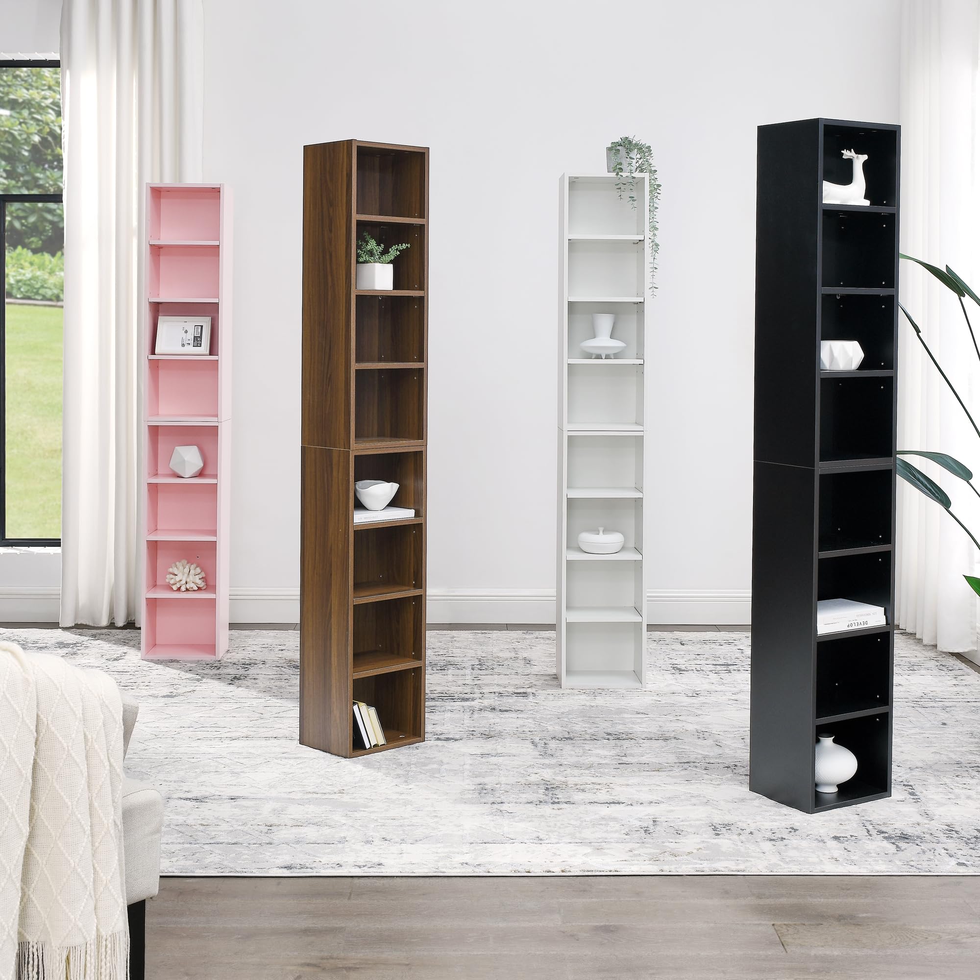 DESIGNER97 8-Tier Media Tower Rack CD DVD Slim Storage Cabinet Adjustable Shelves Tall Narrow Bookcase Display Bookshelf Multi-Functional Double-Decker Bookcase Walnut