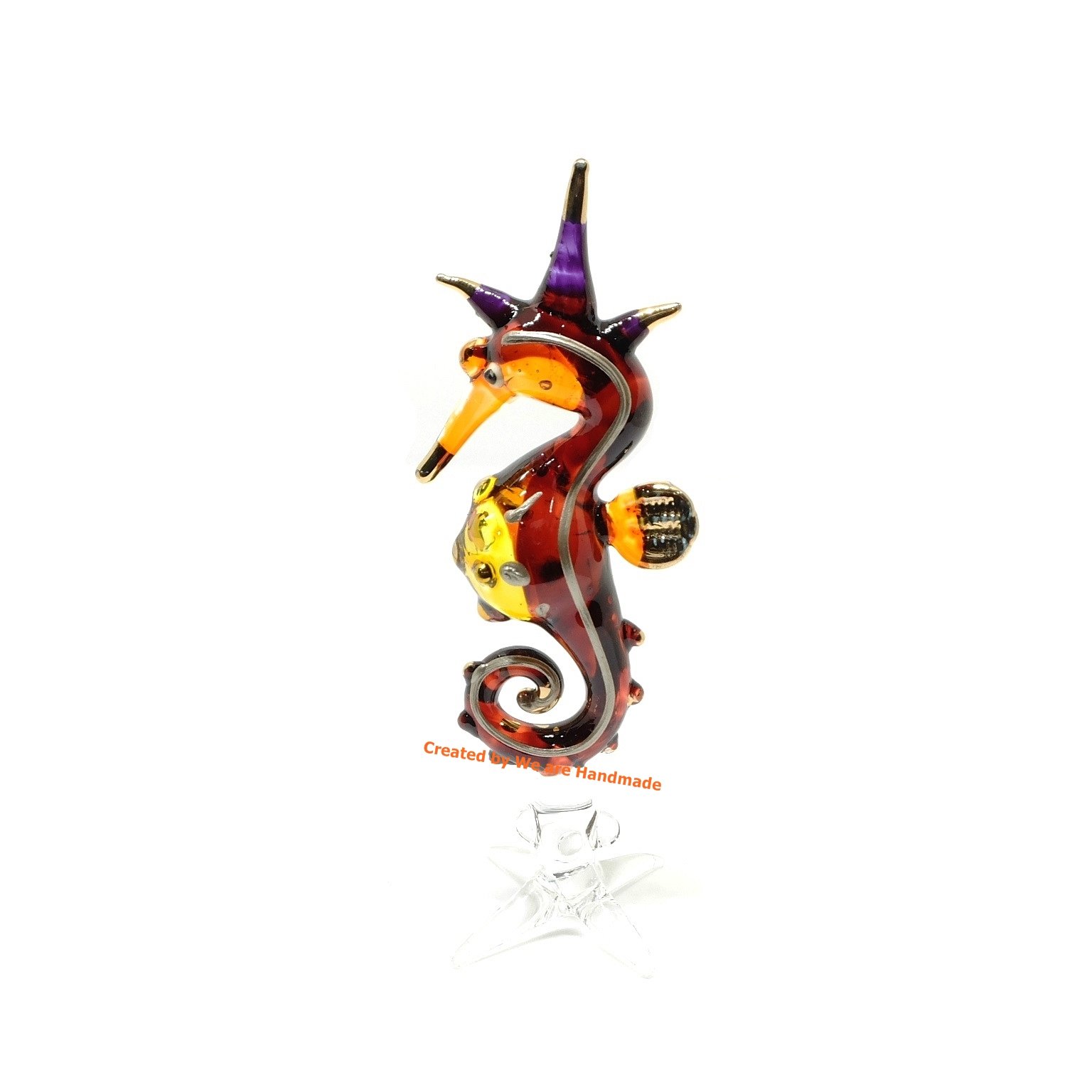 Handmade Mini 3" Blown Glass Seahorse Figurine Figure Art, Miniature Dollhouse, Gift Ideas, Collectible Ocean Animals, Tiny Ornament, Cool Stuff Decor (Brown and Orange No.2)