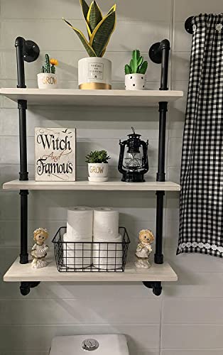 HDDFER Industrial Pipe Shelving Rustic White Pipe Wall Shelves Industrial Bathroom Shelves with Wood Planks Industrial Floating Shelves 24 Inch Farmhouse Bathroom Pipe Shelves Wall MountedâŚ