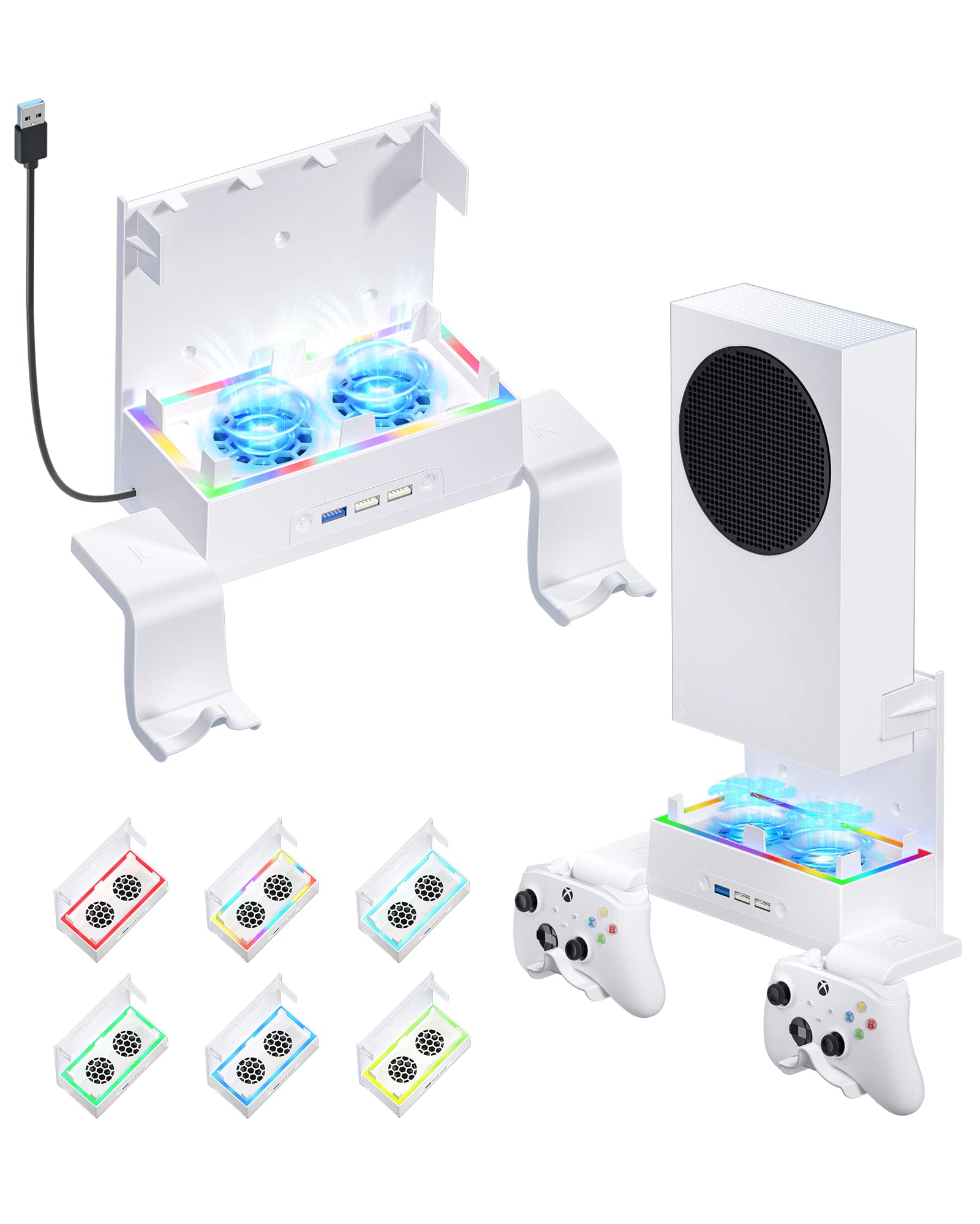 Cooget Wall Mount with Cooling Fan for Xbox Series S, Adjustable 3-Fan Speed 7-Color LED and 3 USB Port Wall Mount Kit for Xbox Series S with 2 Controller Hooks