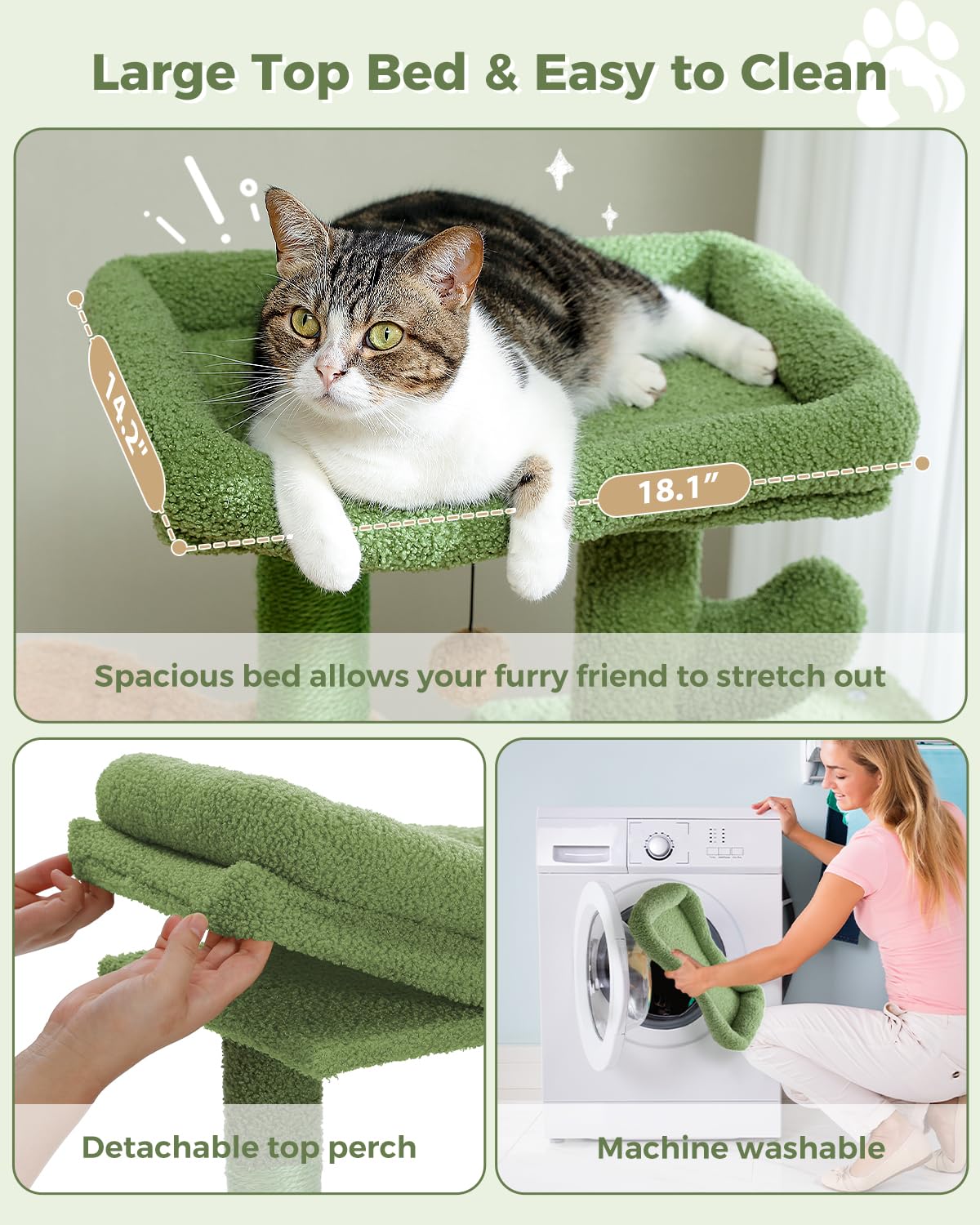 Cactus Cat Tree 35.4" Cute Cat Tower Cat Condo for Indoor Cats w/Large Padded Perch, Fluffy Dog Couch Bed, Modular Dog Bed for X-Large Dogs
