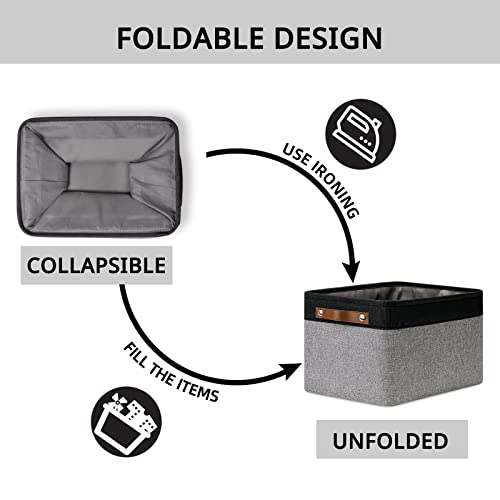 DULLEMELO Canvas Storage Bin with Handles, Fabric Bins for Shelves, Bedroom, Office,Nursery,Fabric Storage Baskets for Toys, Clothes,Gift(Black&Grey,15"x11"x9.5",4-Pack)