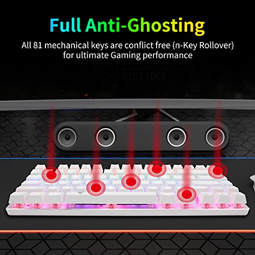 HUO JI 65% Mechanical Gaming Keyboard, E-Yooso Z-88 with Blue Switches Metal Panel Rainbow LED Backlit, Compact 81 Keys, Silver and White
