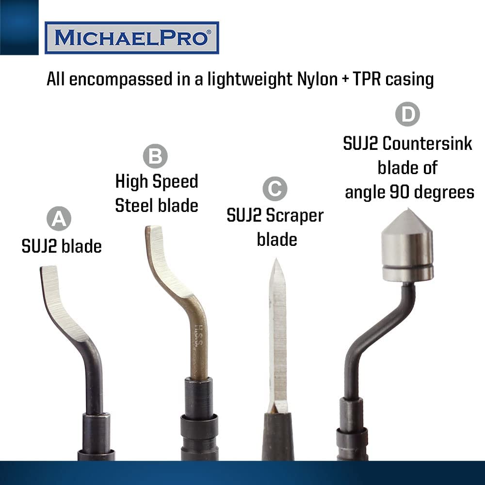 MichaelPro MP009068 Universal 4-in-1 Deburring Tool Set with Multi Blades, Handy & Portable Deburring Kit with 4-in-1 Blades for Steel/Stainless Steel, Aluminum, Plastic, Cast Iron- Black/Blue