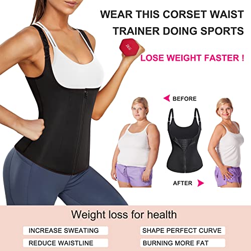 Nebility Women Waist Trainer Corset Zipper Vest Body Shaper Cincher Tank Top with Adjustable Straps (L, Black)