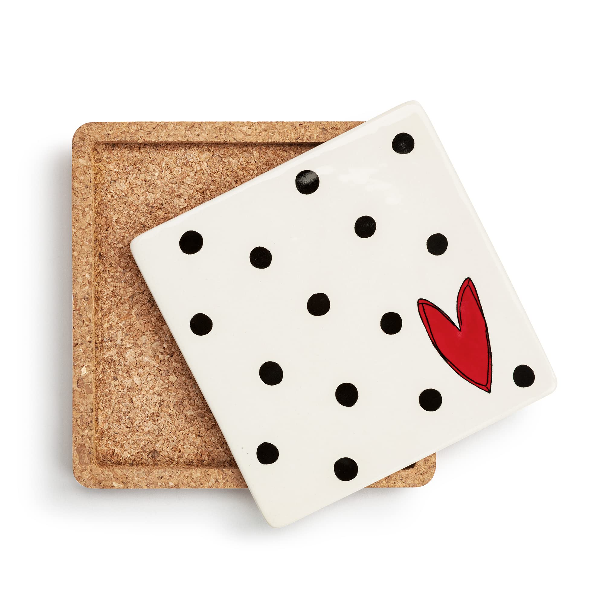 Demdaco Dots and Heart Glossy White 7.5 inch Stoneware Cork Base Trivet