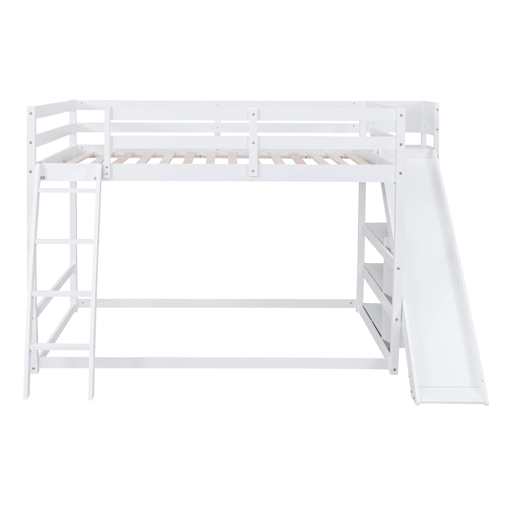 CITYLIGHT Full Over Full Bunk Beds with Slide, Wood Full Bunk Bed with Storage Shelves & Ladder,Floor Bunk Bed Full Size for Kids Girls Boys, White