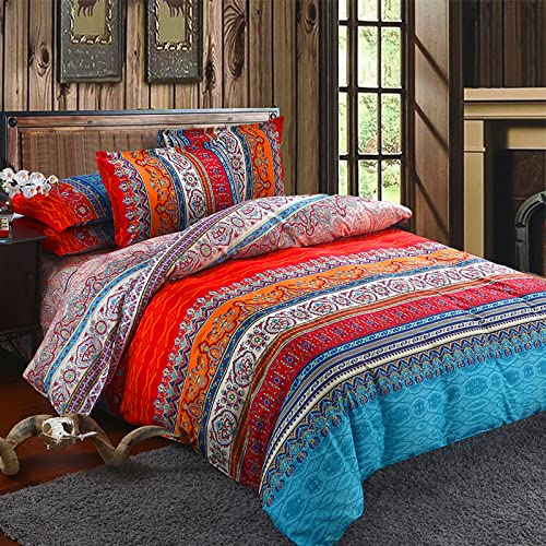 WONGS BEDDING Bohemian Quilt Set and Comforter Set Queen, Boho Striped Pattern Printed Quilt Coverlet for All Season, Soft Microfiber Boho Bedspread Set 90"x96"(3 Pieces, Queen)