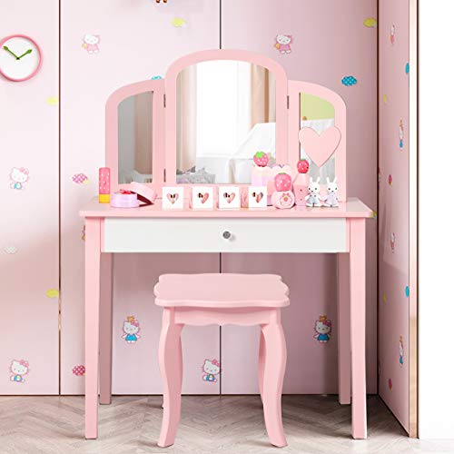 KOTEK Kids Vanity Set w/Tri-Folding Mirror, Princess Makeup Dressing Table w/Detachable Top & Drawer, 2-in-1 Vanity Table and Chair Set, Pretend Beauty Play Vanity for Girls (Pink)