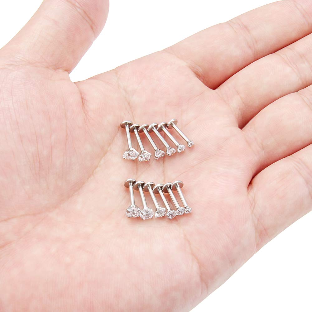 SCERRING 6 Pairs 16g Stainless Steel 2-4.5mm Prong Setting Clear CZ Internally Threaded Labret Monroe Lip Tragus Daith Cartilage Helix Earring Ring Body Piercing Jewelry 8mm - Silver