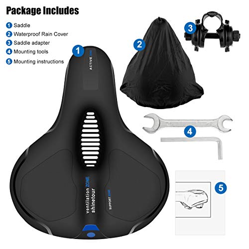 Bike Seat for Men and Women, Comfortable Bicycle Seat Replacement Soft Memory Foam with Dual Shock Absorbing Rubber Ball Universal Wide Bicycle Saddle, with Mounting Tools,Reflective Strap,Storage Bag