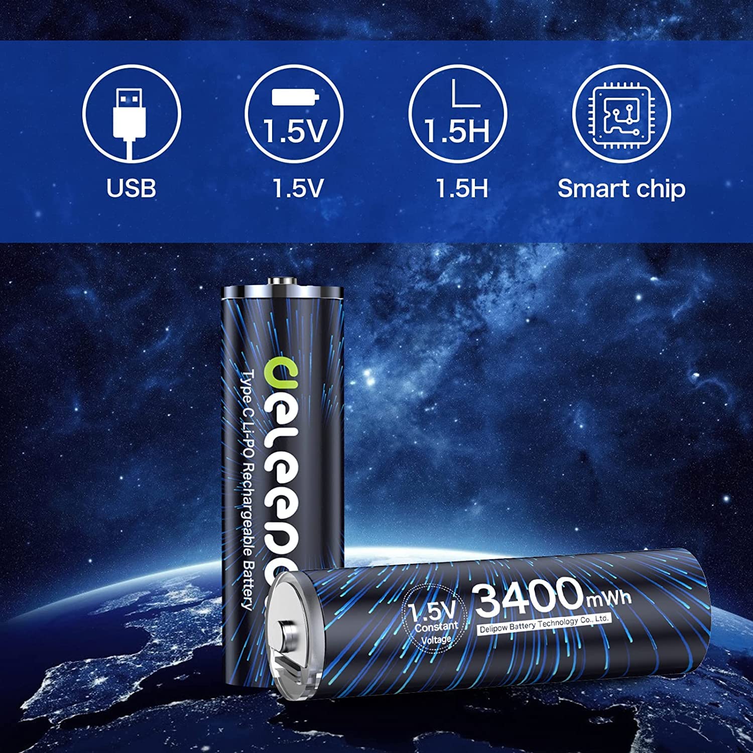 Deleepow Rechargeable AA Batteries Lithium USB 1.5V 3400mWh Lithium AA Batteries with USB-C Cable 1500 Cycles 4-Pack