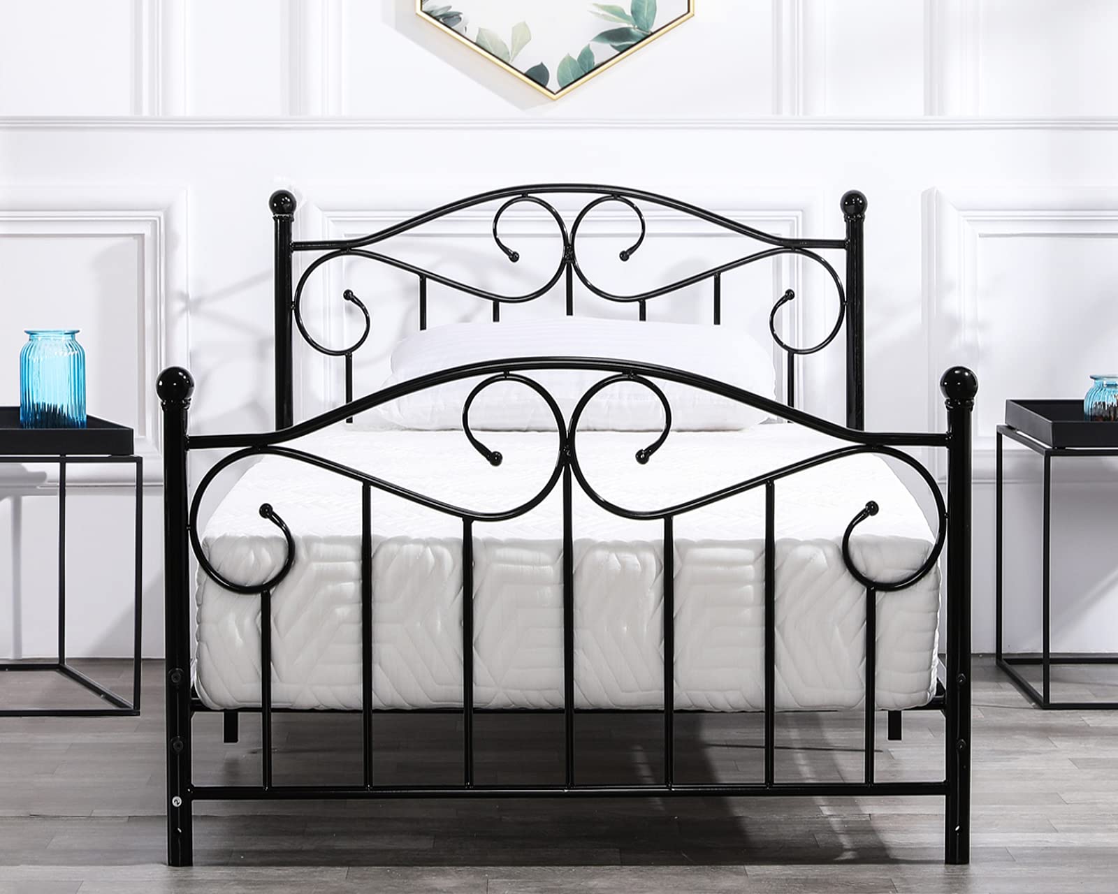 Bonnlo Twin Size Bed Frames, Decorative Metal Platform Bed Frame, Twin Bed Frames with Headboard, no Box Spring Needed, 2 Height Settings: 6” or 12”, Black