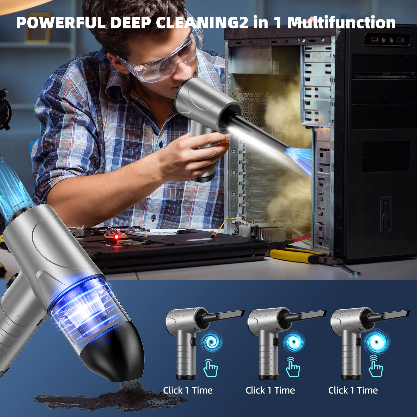 Compressed Air Duster, 100000RPM Electric Air Duster & Vacuum Cleaner 2 in 1 Rechargeable, Air Blower for Compute and Keyboard, Cordless Air Duster 7500MAH