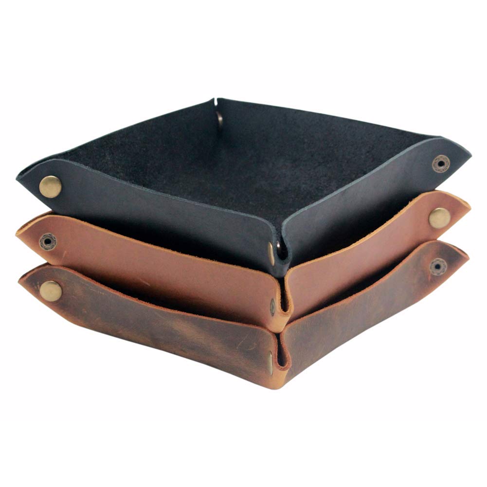 boshiho Valet Tray for Men, Leather Jewelry Catchall Key Phone Coin Box Change Caddy Bedside Storage Box (Crazy Horse Leather - Light Brown)