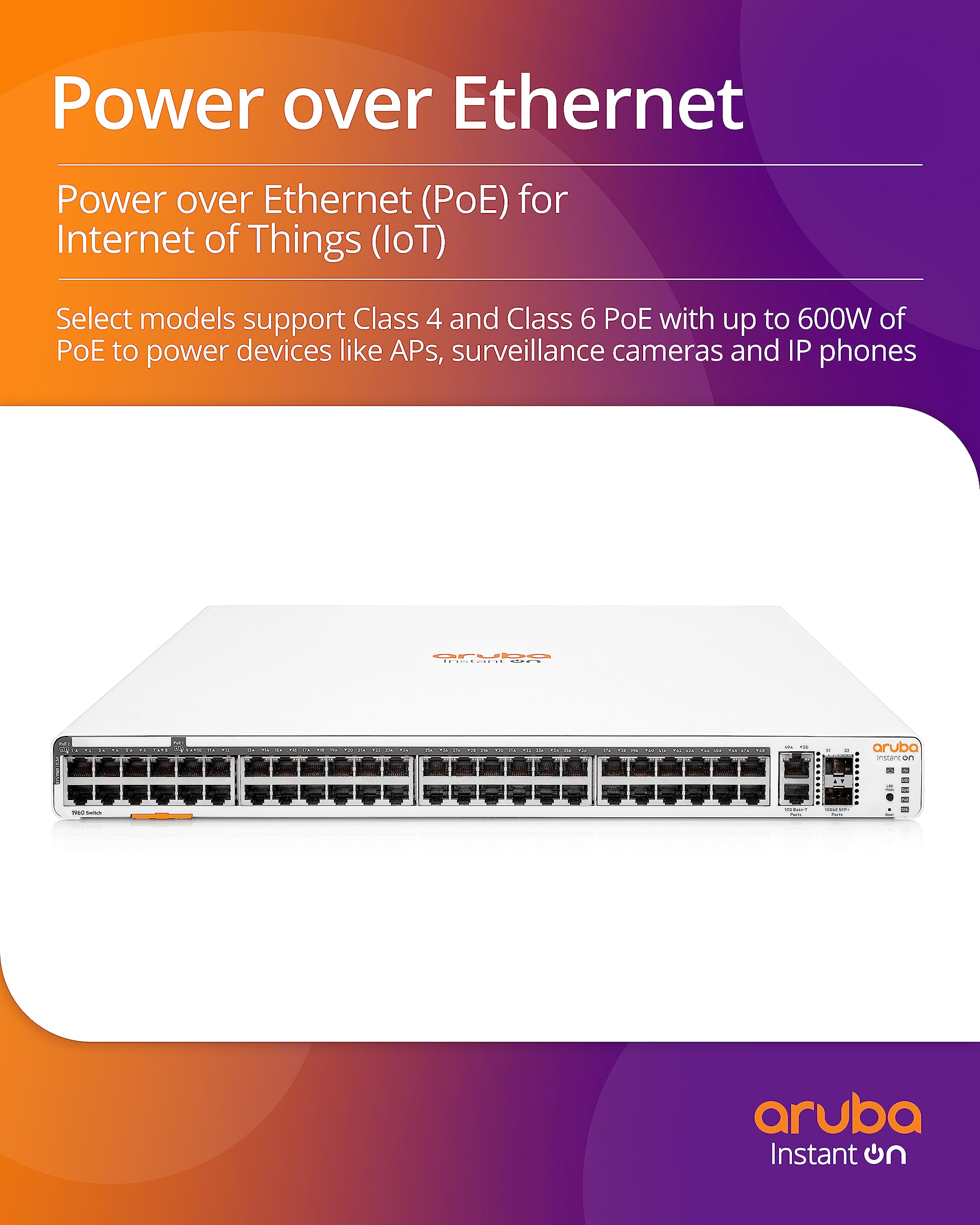 HPE Networking Instant On Switch Series 1960 48-Port Gb Smart-Managed Layer 2+ Ethernet Switch with PoE | 48x 1G | 2X 10GBase-T, 2X SFP+ | 40x CL4, 8X CL6 PoE 600W | Stackable | US Cord (JL809A#ABA)