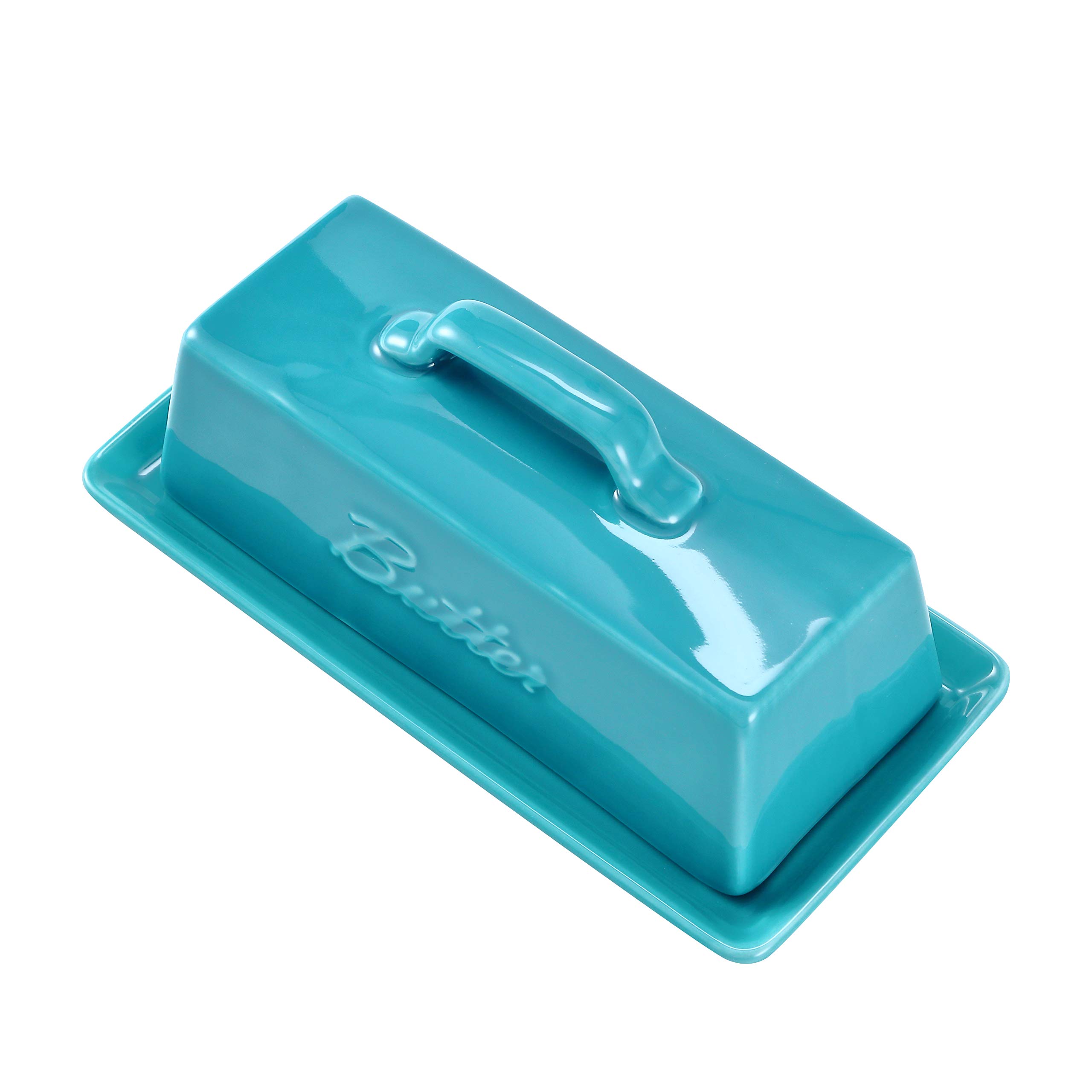 Bruntmor Porcelain Butter Keeper With Handle Cover, French Butter Dish Ceramic Butter Holder Container for Countertop, Butter Dish with Lid, Teal