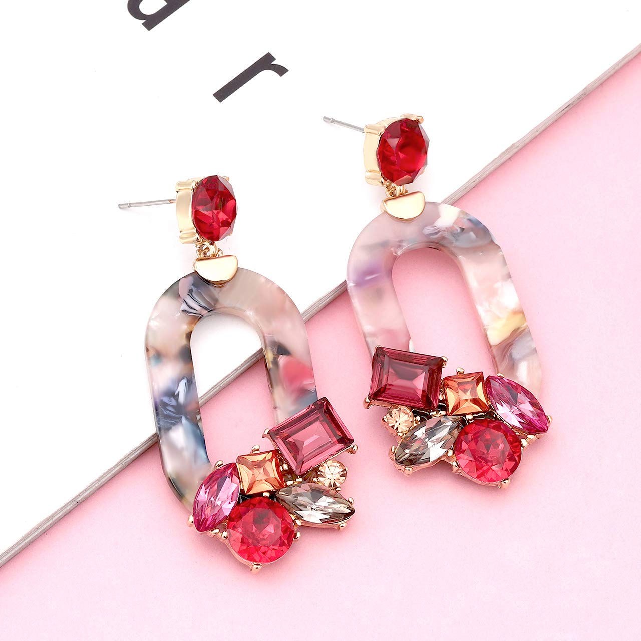 BSJELL Resin Acetate Dangle Earrings Large Statement Acrylic Textured Mottled Earrings Bohemian Crystal Multicolor Oval Drop Earrings Fashion Jewelry for women