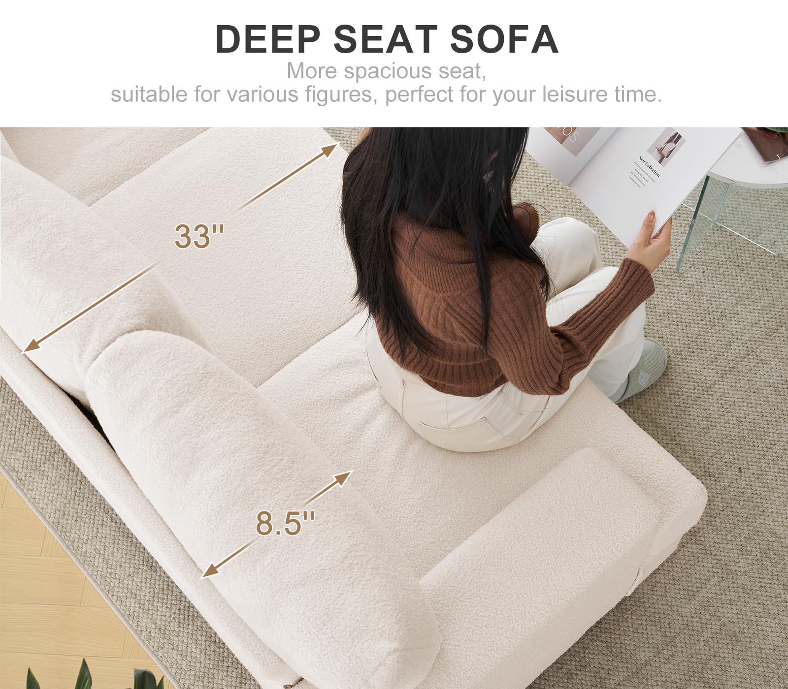ELUCHANG 80" Deep Seat Sofa Couches for Living Room, 3 Seater Sofa Teddy Cloud Sofa Modern Sofa Couch with Removable Cushion&Detachable Cover, Comfy Sofa for Small Space, Apartment, White, Set of 1