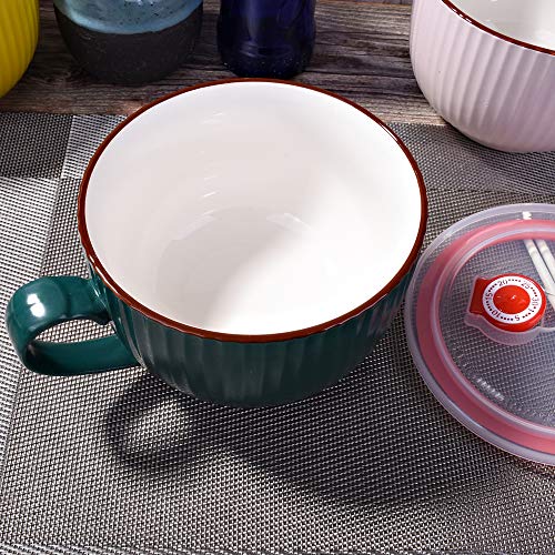 BOSILI Ceramic Bowl with Lid & Handle, 24 OZ Porcelain Soup Noodle Bowl with Lid, Microwave for Instant Noodle Sara, Cereal Bowl(Green)