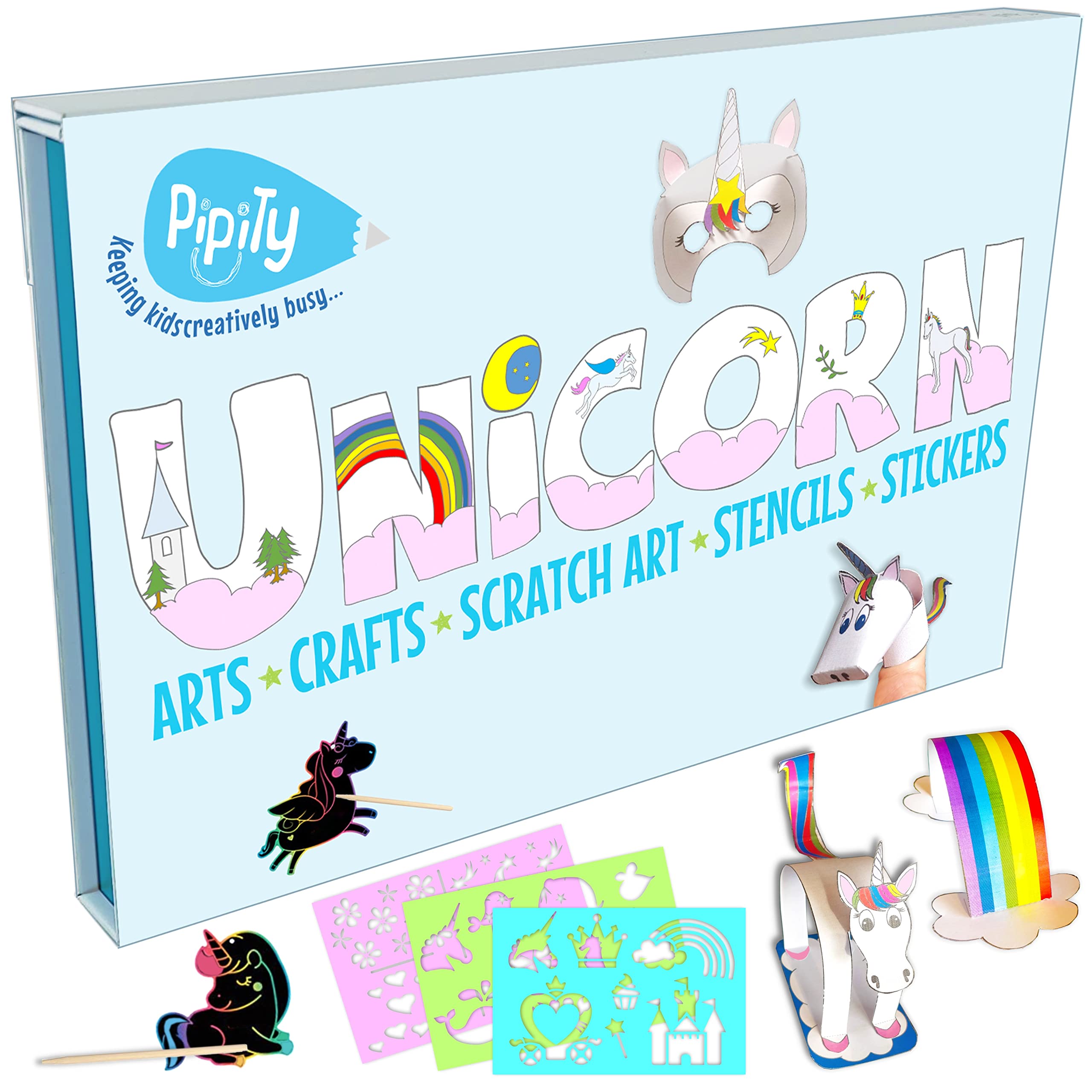 Pipity Unicorns Arts & Crafts Kit, Gifts for Girls Age 5,6,7, 8+. 50 Creative Unicorn Activities Set: Paper Craft, Coloring, Stickers, Stencils, Scratch Art, Puzzles for Kids. Smart Gift Box Folder