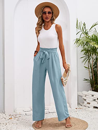 Heymoments Women's Wide Leg Lounge Pants with Pockets Blue Gray Medium Lightweight High Waisted Adjustable Tie Knot Loose Comfy Casual Trousers