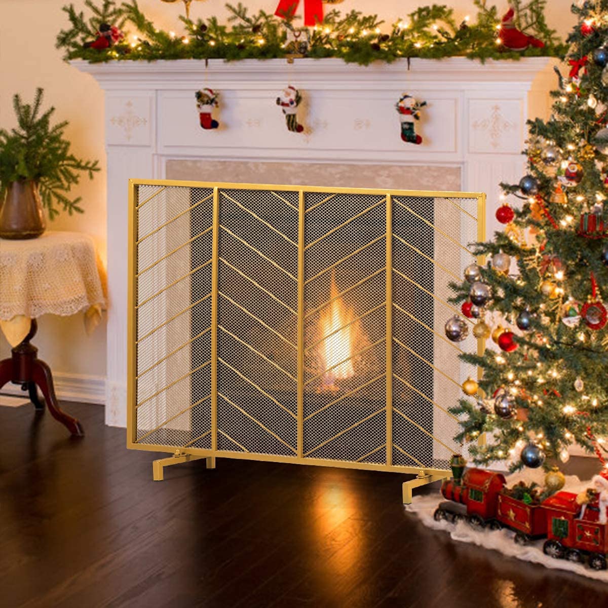 OFFICEJOY 39 x 29in Fireplace Screen, Single Panel Wrought Chevron Fireplace Screen, Iron Mesh Fire Spark Guard for Living Room, Bedroom, Metal Fireplace Decoration for Indoor & Outdoor