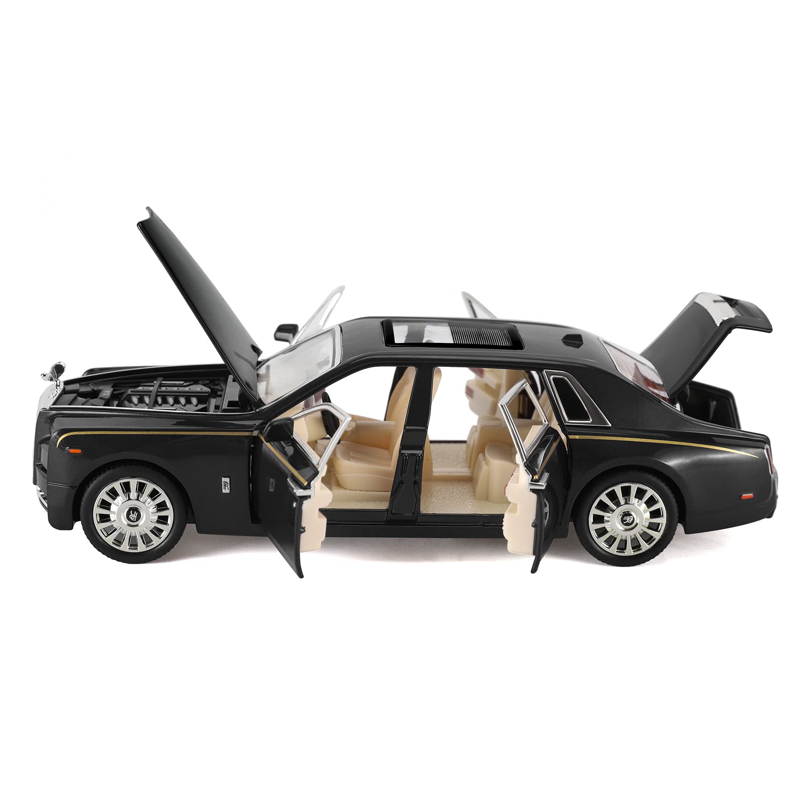 MYJJTYS Toy Car Rolls-Royce Phantom 1/24 Metal Die Casting Model Car for 3 4 5 6 7 Year Old boy Toy with Sound and Light,Classic Car Door Design, Car Logo Can be Folded(Black)