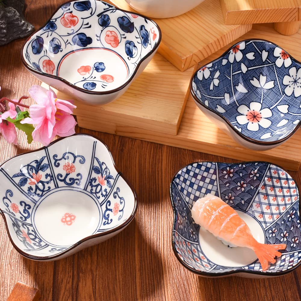 BOSILI Sauce Bowl Set of 6-4 OZ Sauce Plate, 6 Different Pattern Dipping Bowls/Dish, Mini Small Bowls for Soy Sauce, Ketchup, Condiments, Salad Dressing, Spices
