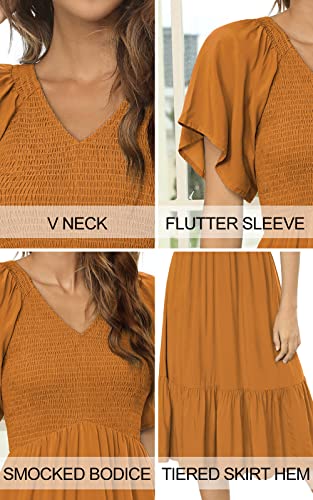 Kranda Women Short Flutter Sleeve V Neck Smocked Solid Pleat Midi Dress Pumkin Spice M
