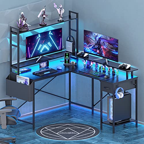 Huuger L Shaped Desk Gaming Desk with LED Lights & Power Outlets, Computer Desk with Storage Shelves, Corner Desk Home Office Desks for Bedroom, Black