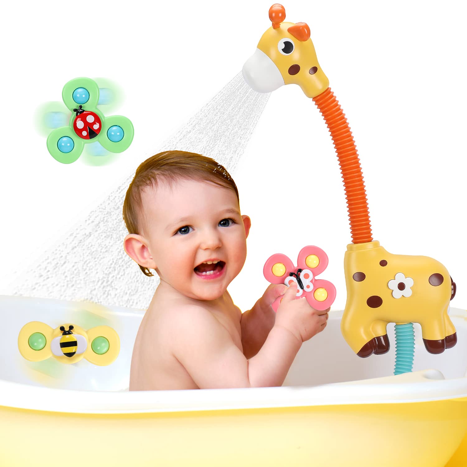 CLYMENE Bath Toys for Toddlers, Giraffe Shower Water Pump with 3 Suction Spinner Toys for Maximum Tub Bathtime Fun for Babies and Toddlers