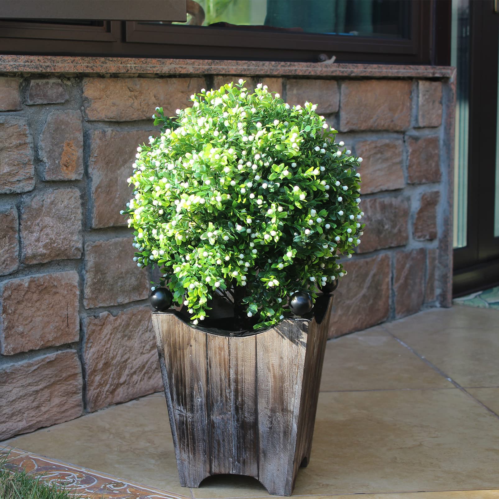 Two 20''T Artificial Boxwood Topiary Ball Trees Fake Bushes Shrubs UV Resistant Potted Plants Artificial Flower Buds Trees for Indoor Outdoor Home Garden