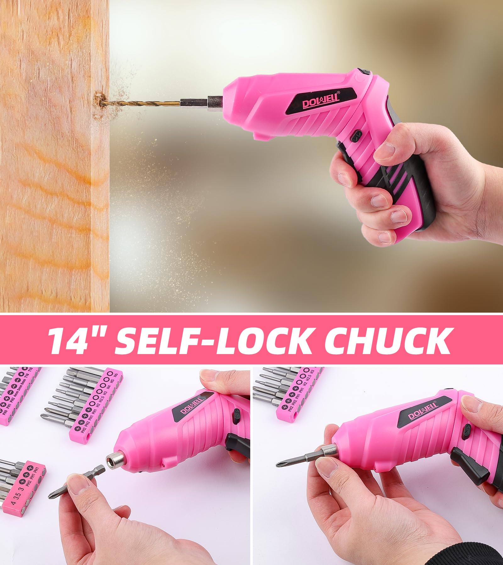 DOWELL Power Electric Cordless Screwdriver Set Rechargeable 3.6V Power Screwdriver Kit Tools for Women with 27pcs Accessories Pink