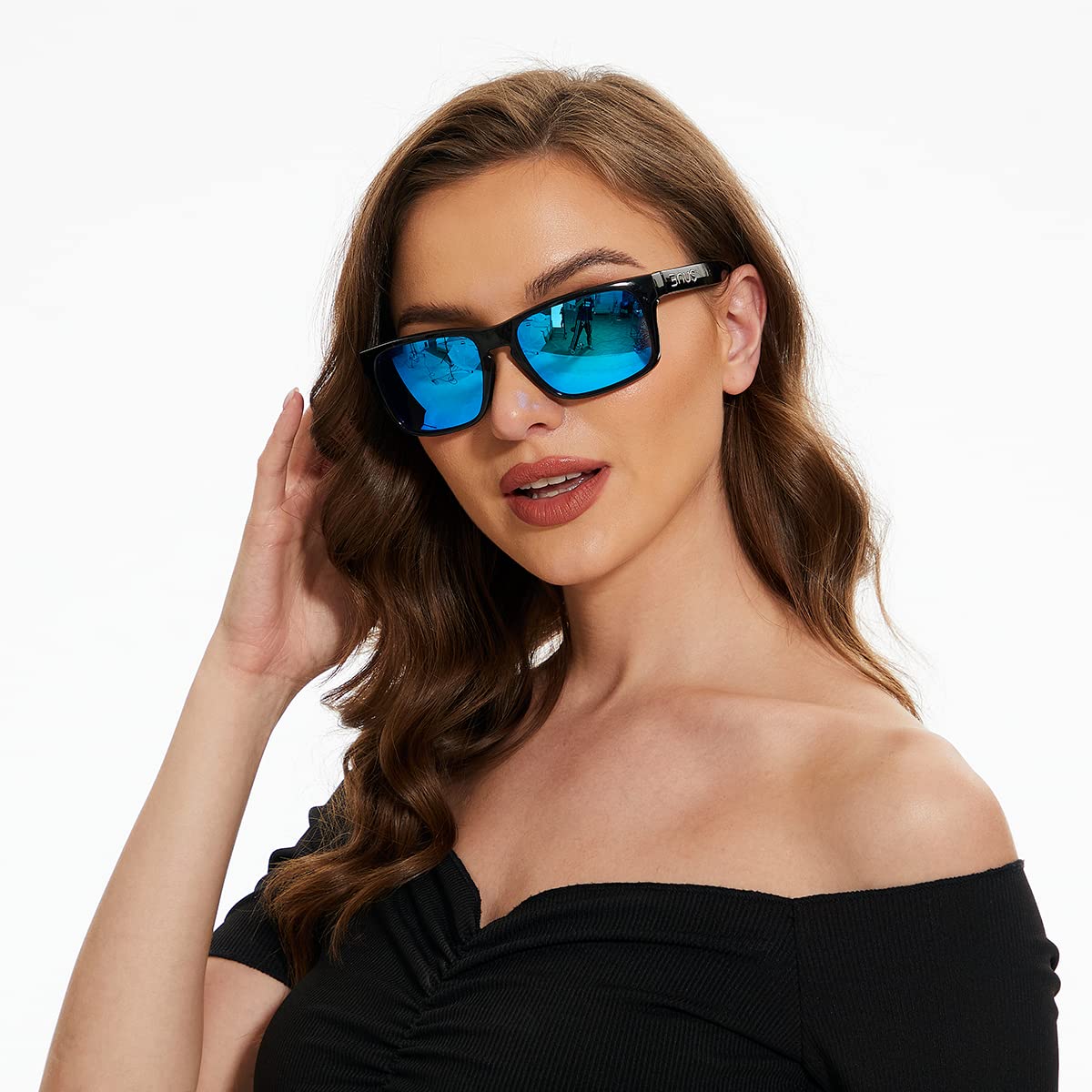 BNUS Italy made Polarized Sunglasses for men Corning Real Glass Lens (B7026 Shiny Black/Polarized G-15, Glass Lens Size XL)