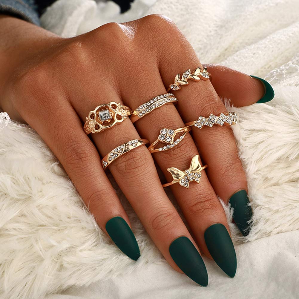 Boho Finger Ring Set of 7 Gold Crystal Butterfly Rings Set for Women and Dainty Gold Ring
