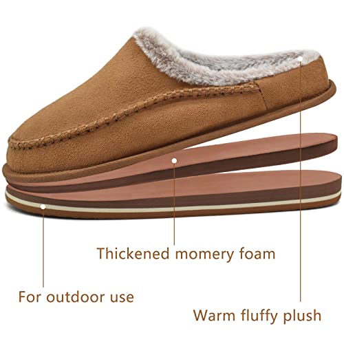 KuaiLu Mens Memory Foam Clog Slippers Comfy Handmade Stitch Microsuede Slip-on House Shoes With Arch Support Warm Faux Fur Lined Rubber Sole Indoor Outdoor Khaki Size 8.5