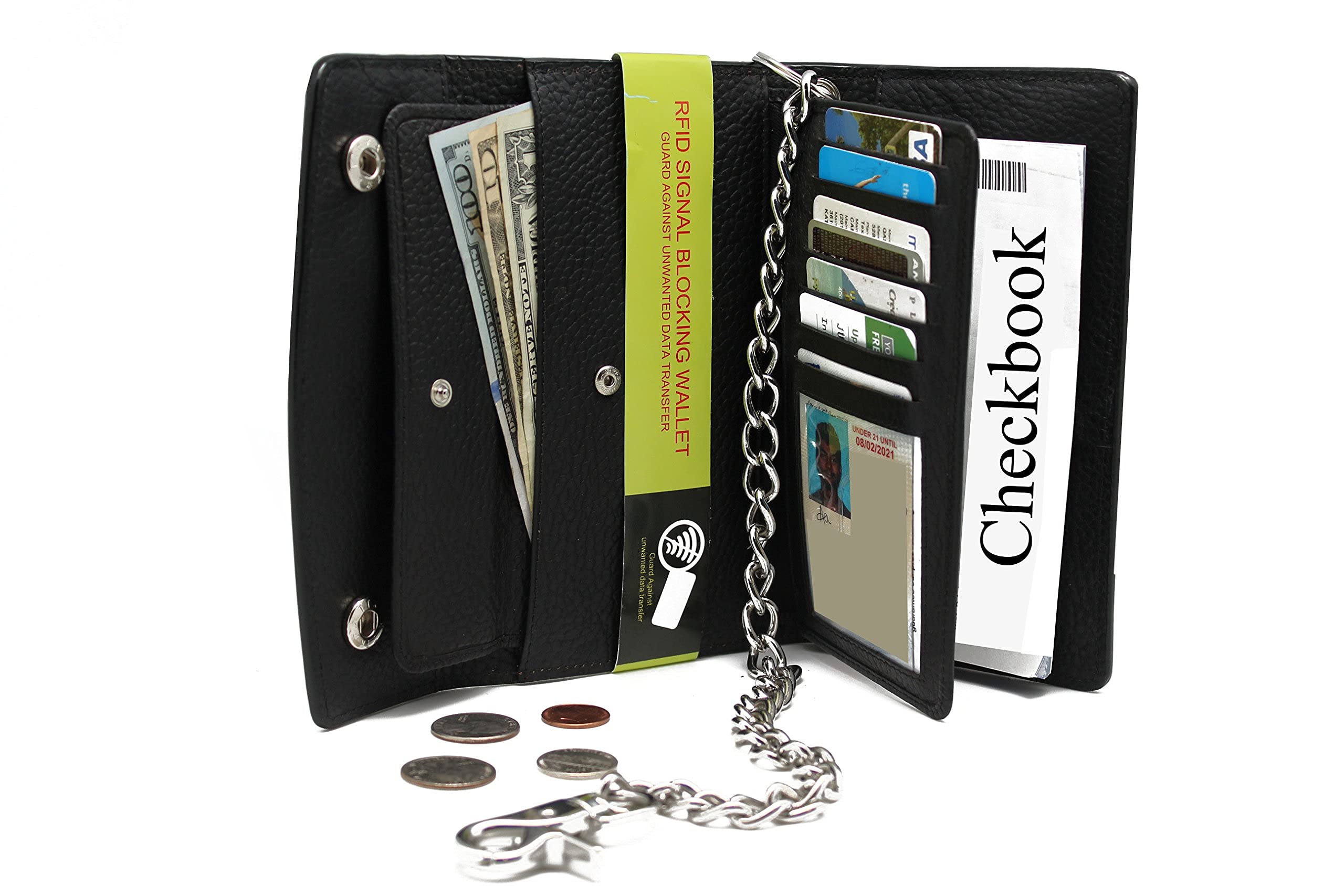 Juzar Tapal Collection Bifold Leather Wallet for Men with ID Window and Zipper Pocket, RFID Blocking, Thick and Durable Credit Card Holder (J277LCB-Long Chain Wallet)