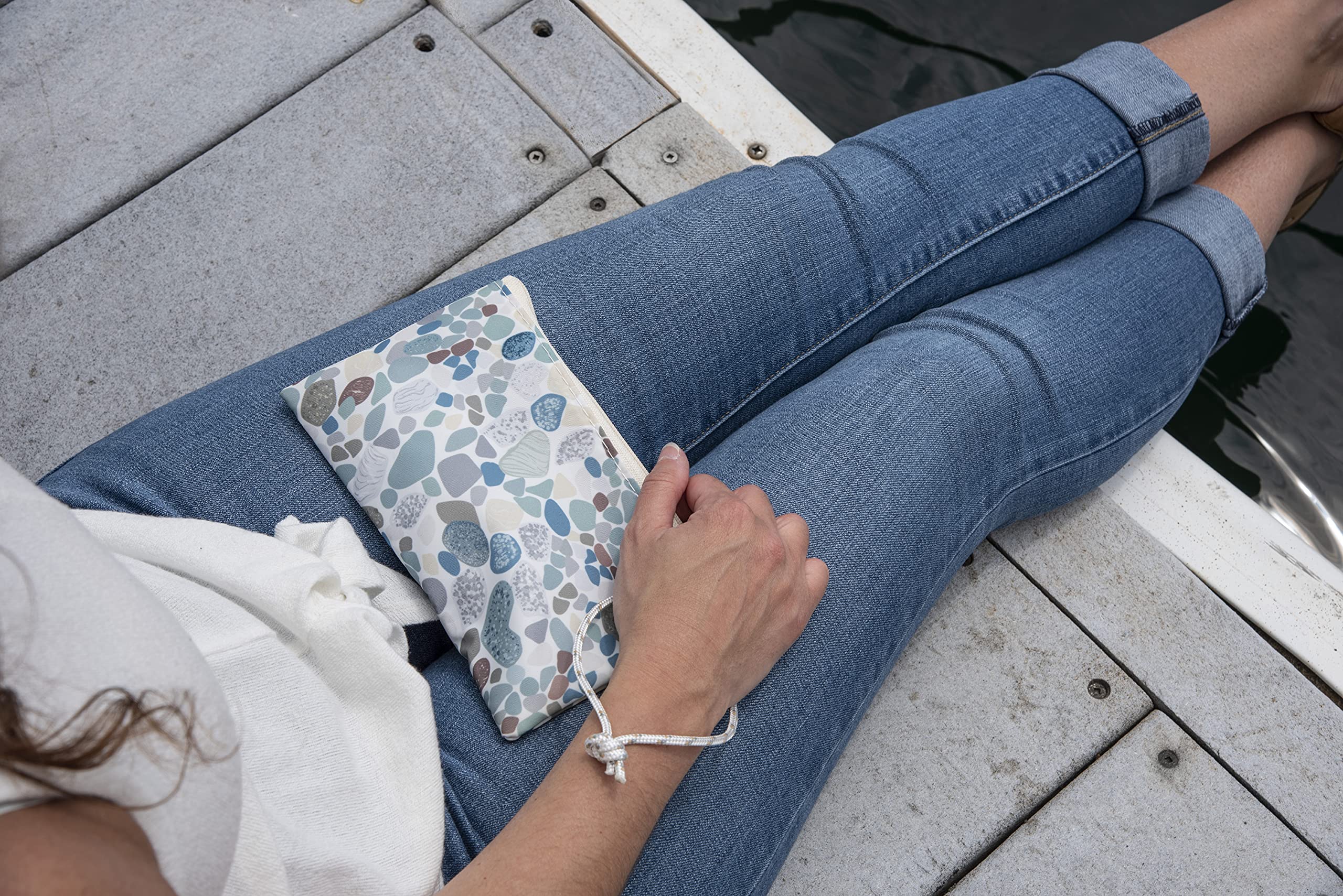 Sea Bags Recycled Sail Cloth Sea Glass Print Wristlet Zip Top Wristlet Clutch Zippered Wallet with Strap