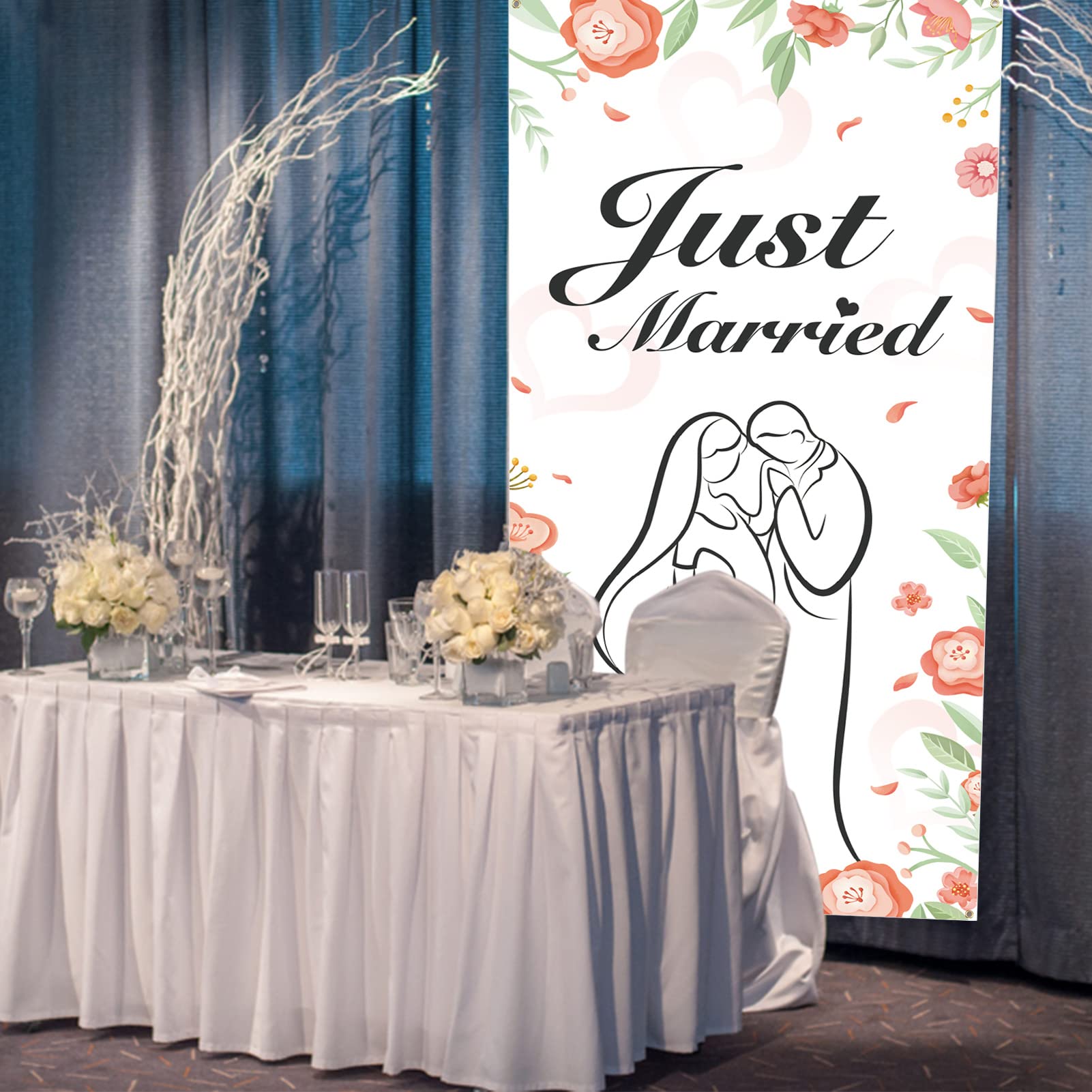 DPKOW Pink White Just Married Banner (6x3 feet) - Premium Wedding Engagement Party Decoration, Bridal Shower Door Cover, Romantic Rose Design, Tear Resistant, Reusable