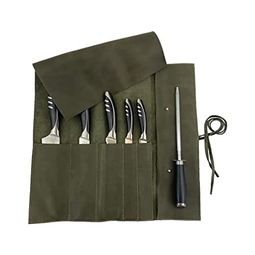 Hide & Drink, Rustic Full Grain Leather Knife Roll Case (5 pockets), Compact Carry-On Bag for Traveling Chefs & Cooks, Kitchen Tool Storage Organizer, Handmade, Dark Jade