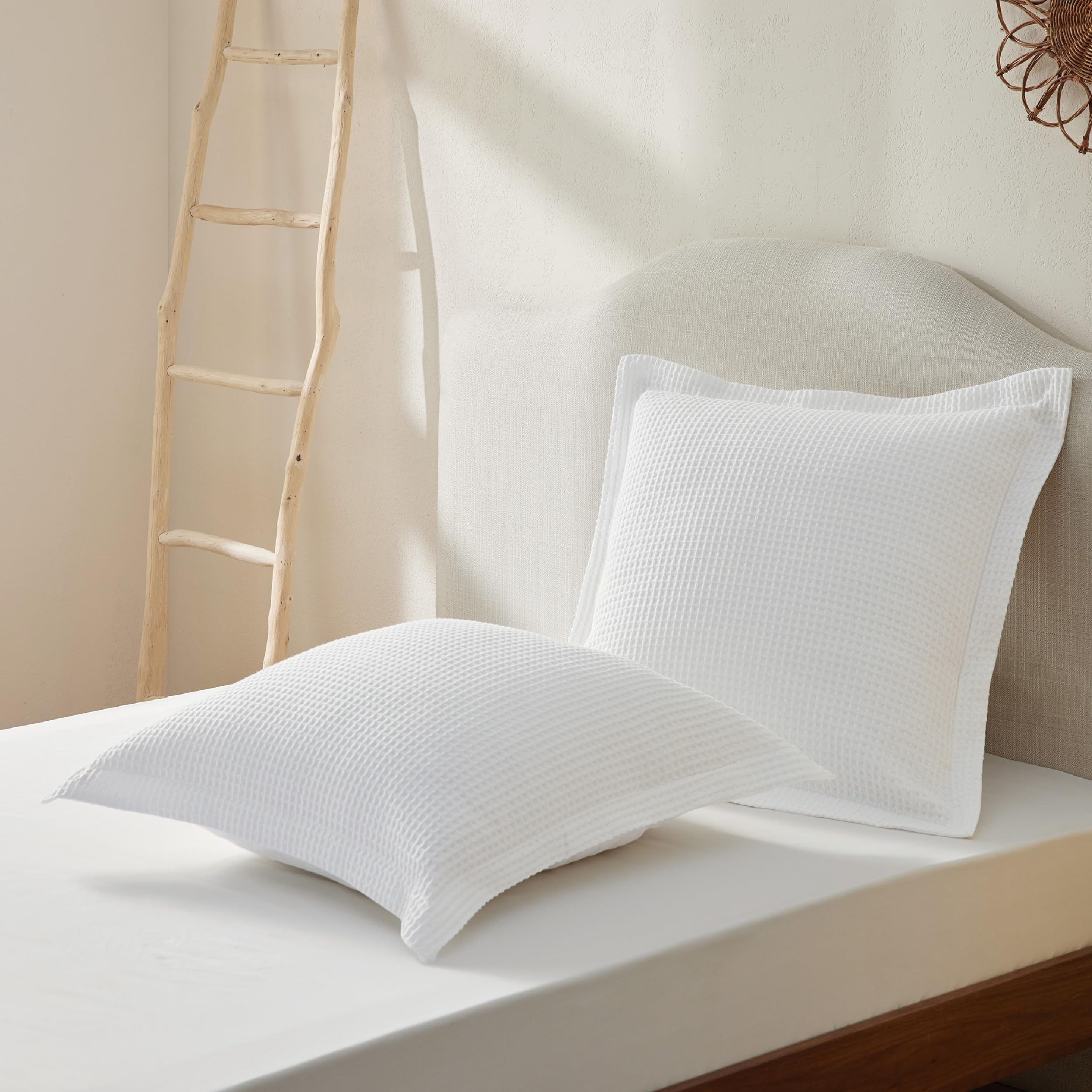 Bedsure Euro Sham Pillow Covers - 100% Cotton Waffle Weave Pillow Shams 2 Pack, Ultra Soft and Cozy Throw Pillow Covers for Bed Pillows, Decorative Euro Shams for Sofa and Couch, White, 26x26 Inches