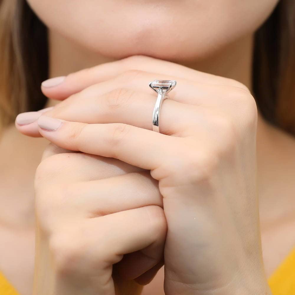 BERRICLE Sterling Silver Solitaire Wedding Engagement Rings 2.6 Carat Emerald Cut Cubic Zirconia CZ Promise Ring for Women, Rhodium Plated Size 7
