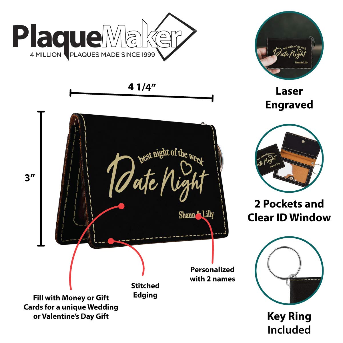 PlaqueMaker Customizable Leatherette Wallet for Date Night - Include your Personal Names-Black with Gold