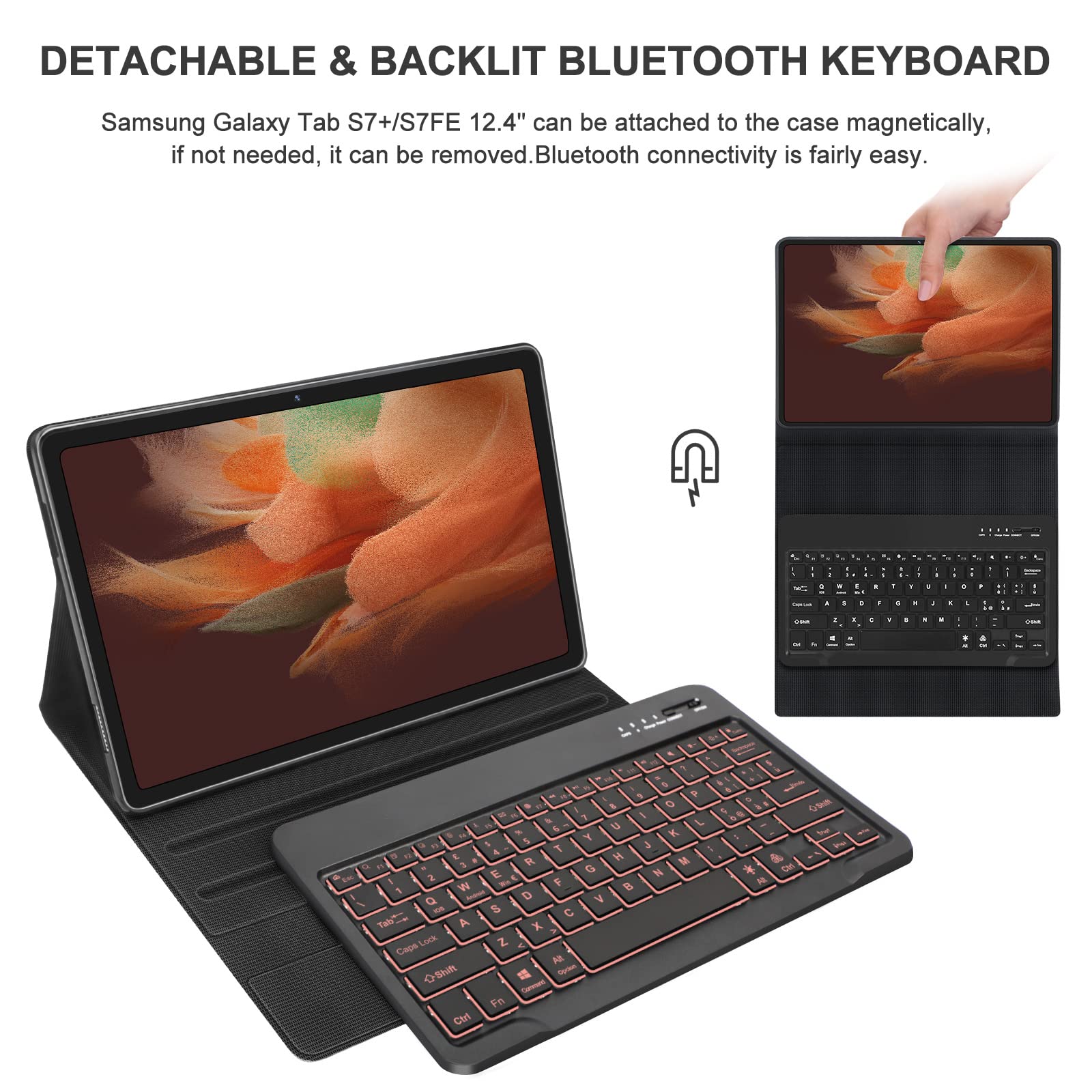 JADEMALL Keyboard Case for Galaxy Tab S7 FE 5G / S8 Plus / S7Plus β Detachable Bluetooth Backlight Magnetic Keyboard - 12.4 Inch Slim Folio Smart Cover with S Pen Holder, Auto Sleep/Wake - Rose Gold