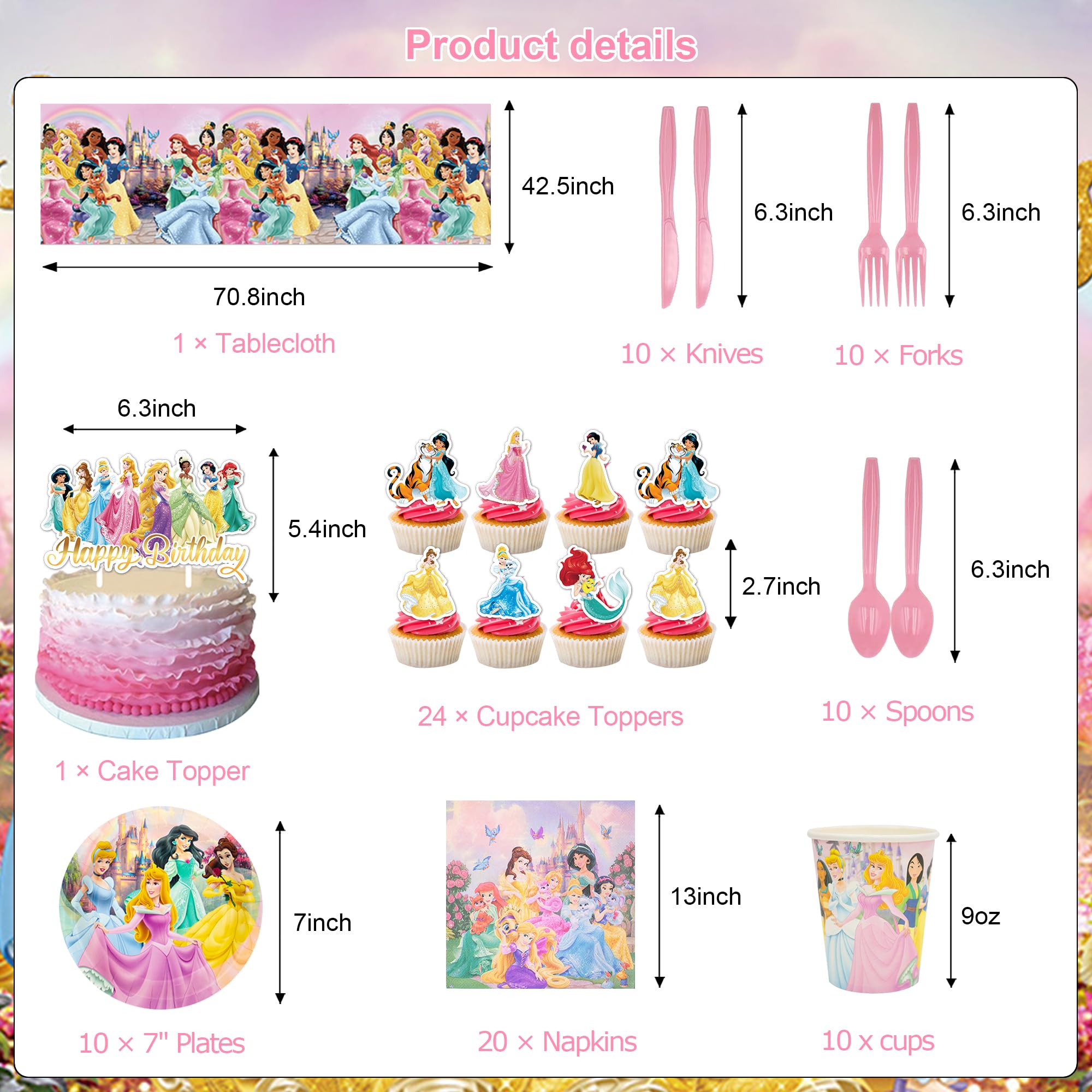 BOSMAT Princess Birthday Decorations, Princess Party Supplies Includes Balloons, Happy Birthday Banner, Cake&Cupcake Topper, Plates, Napkins, Cup, Tablecloth , Foil Balloon and Backdrop